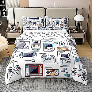 100% Cotton Gamer Bedding Sets for Boys,Gaming Duvet Cover Set Queen Size,Boys Video Games Comforter Cover,Gamepad Designs Bed Set for Teen Boys Bedroom,Joystick Controller,3 Pcs with 2 Pillow Shams