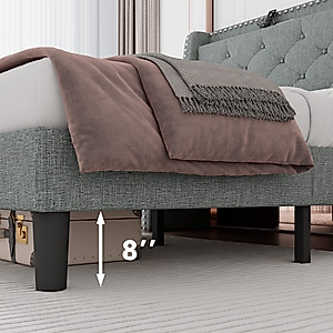 Feonase Upholstered Queen Bed Frame with Wingback Headboard, Deluxe Platform Bed Frame with Diamond Tufting & Storage Shelf, Wood Slats, Noise-Free, No Box Spring Needed, Easy Assembly, Light Gray