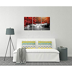 Visual Art Decor 3 Pieces Black White and Red Canvas Wall Art Red Forest Waterfall Poster Print Landscape Picture Framed Artwork for Office and Home Decor Ready to Hang 12x16inchx3pcs