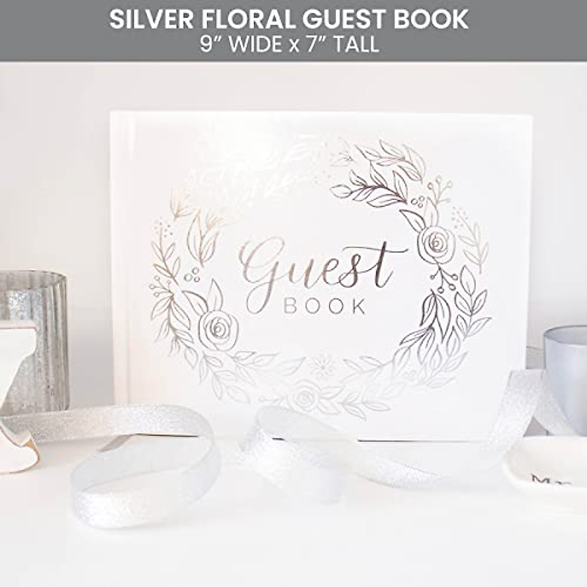 bloom daily planners Wedding Guest Book (120 Pages) - Lined Sign-in Registry Guestbook & Keepsake - Hard Cover with Silver Foil, Gilded Edges and Bookmark - 7” x 9" - Silver Floral
