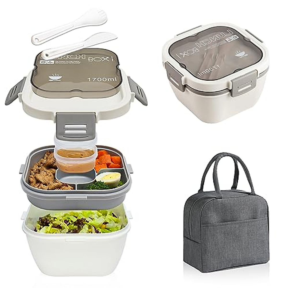 Temiminime Salad Lunch Containers for Adults with Portable Bag,60oz/1.7L Large Plastic Salad Bowls for Lunch, BPA-Free, 4-Compartment Tray & a Sauce Cup, Lid with Dual-Latches, White