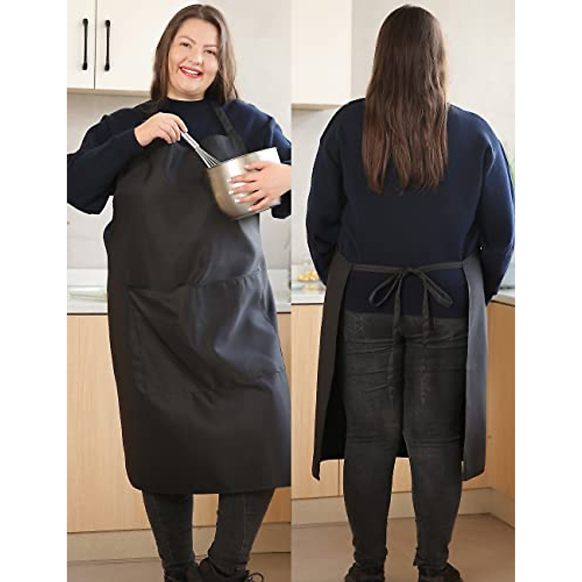 APRONNER Plus Size Aprons for Women with Pockets Durable Long Adjustable Bib Kitchen Cooking Black