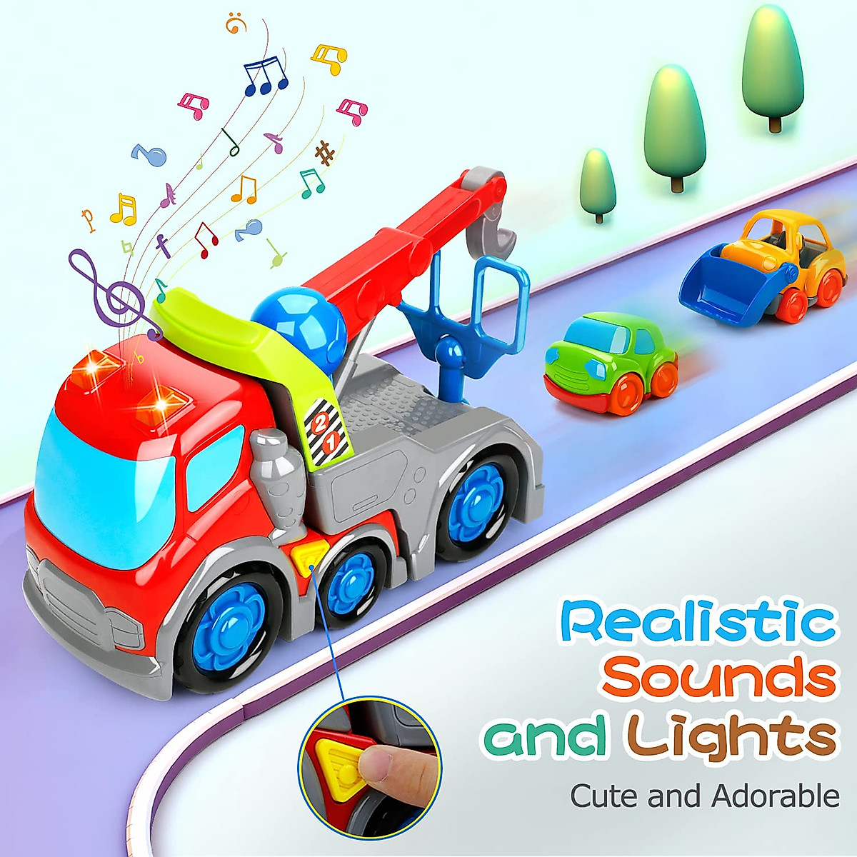 Yeedie 12 Inch Big Tow Truck with Hook and Bulldozer Car for Toddler Boys Girls, Friction Power Car Construction Toys with Sound & Light for Kids Birthday