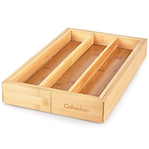 Coheden Bamboo Expandable Drawer Organizer Premium Cutlery and Utensil Tray - Multifunctional Organizer Fits With All Drawer Sizes - 100% Pure Bamboo (Medium (3-5 Compartments))