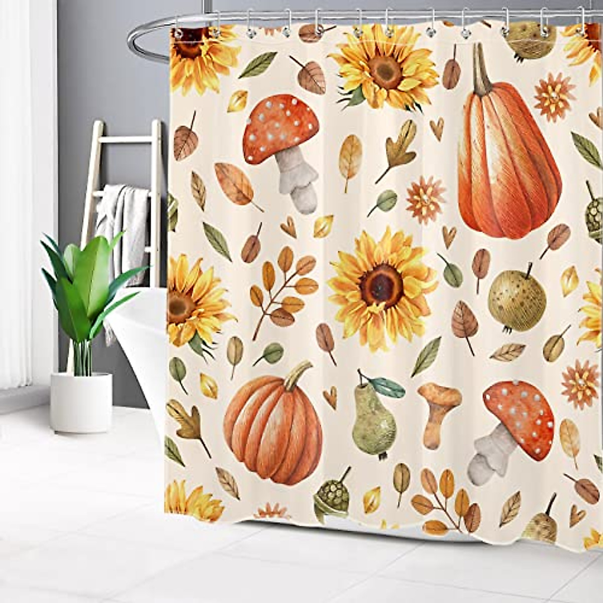 HVEST Fall Shower Curtain and Bathroom Rugs, Pumpkin Sunflower Autumn Leaf and Mushroom on Beige Shower Curtain with Bath Mat, 72X72 inches Farmhouse Fall Thanksgiving Bathroom Shower Curtain Set