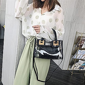 Women Clear Handbags 2 in 1 Jelly Tote Purse Transparent Messenger Shoulder Crossbody Bag, Black