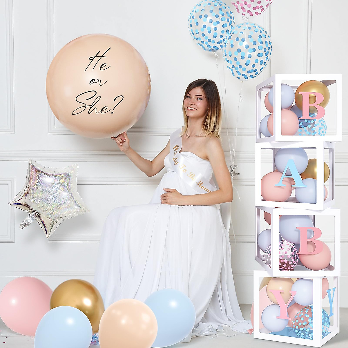 Amandir 164PCS Gender Reveal Baby Boxes Balloon Decorations, Gender Reveal Balloon Garland Kit 4pcs Baby Boxes with Letters (A-Z+Baby) for Baby Shower Birthday He or She Gender Reveal Party Supplies