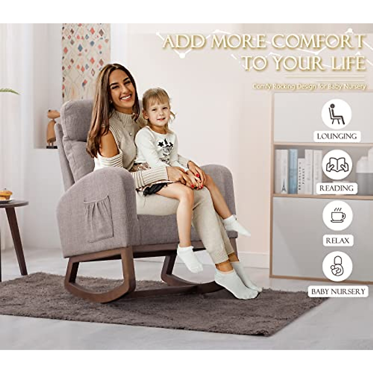 KINFFICT Comfy Rocking Chair, Upholstered Accent Glider Rocker for Baby Nursery or Relaxation, Living Room Armchair with High Back and Headrest, Modern Rocking Glider with Side Pocket, Grey