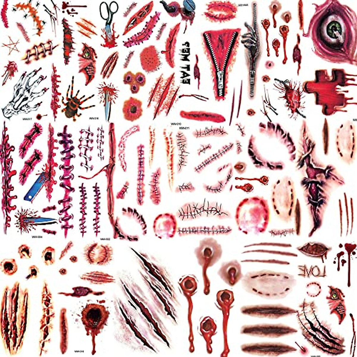 Billzar 138 PCS Scary Halloween Fake Scars Tattoos For Men Adults Women Kids Zombie Makeup Kit 18 Sheets Face Fake Stitches Temporary Tattoos Chucky Scar Scab Scratches Boys Girls Tatoos Wound Sticker