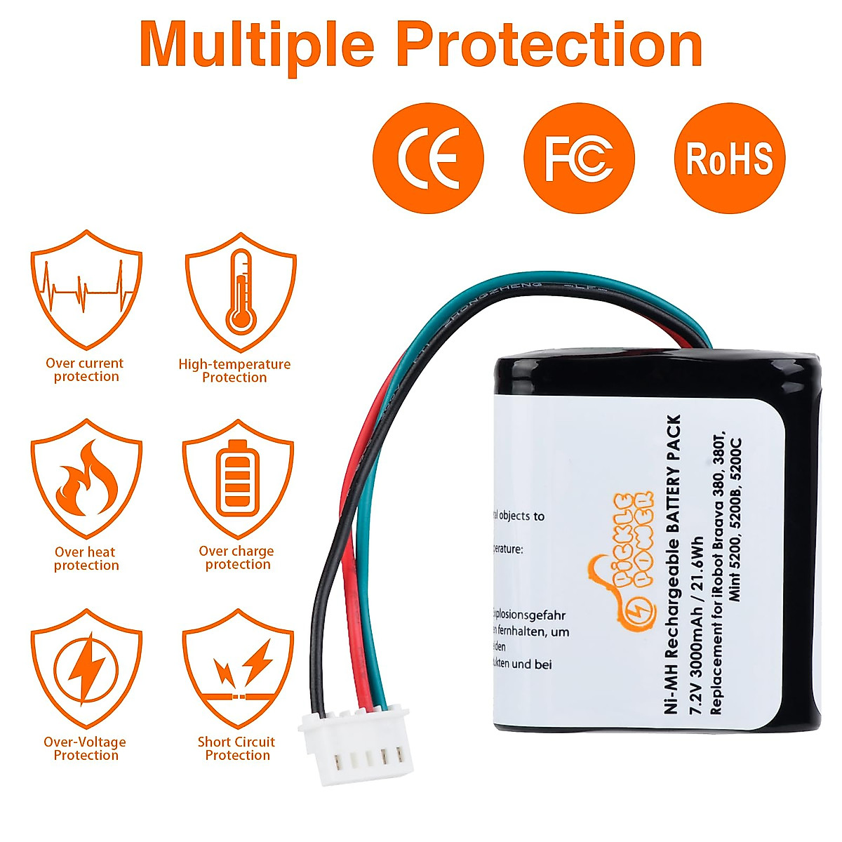 Pickle Power 3000mAh 7.2V NiMH Battery Replacement for iRobot 380 380T 390 390T Mint 5200 5200B 5200C Vacuum Cleaner