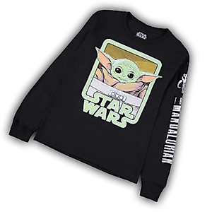 STAR WARS Boys Classic T-Shirt Baby Yoda Boys Long Sleeve Shirt - Darth Vader, C3PO, Baby Yoda & Storm Trooper (Black, Medium)