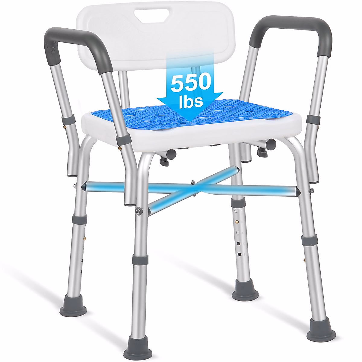 Adjustable Shower Chair with Arms and Back, Heavy Duty Shower Chair for Inside Shower with Double Crossbars, Safety Bars & Rust-Proof Shower Benches for Elderly and Disabled, Anti-Slip Mat Include