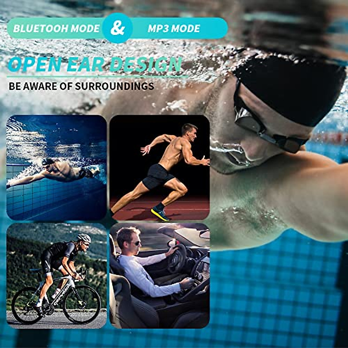 ReeRay Waterproof Bone Conduction Swimming Headphones, R5 Open-Ear IP68 MP3 Player Wireless Sport Bluetooth Earphones with Mic,Built-in 8G Memory Headset for Swimming Running Cycling Driving