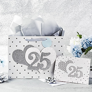 LeZakaa 13" Wedding Gift Bag, Silver Gift Bag with Tissue Paper, Gift Tag and Card - Number 25" with Heart 3D Paster for Silver Wedding Anniversary Celebrations
