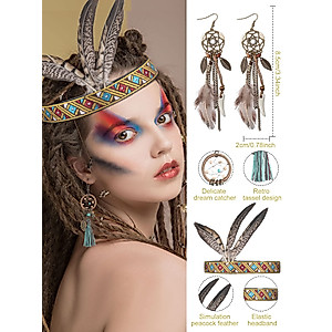 Hicarer 5 Pieces Indian Native American Jewelry Set Includes Feather Headdress Faux Peacock Feather Hair Band Boho Dream Catcher Dangle Earrings Choker Necklace Bracelet for Women Catcher Tassel