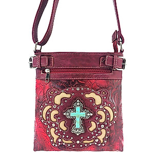 Justin West Western Laser Cut Embroidery Flower Rhinestone Silver Cross Messenger Handbag with CrossBody Strap (Red)