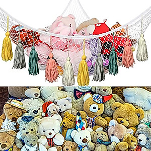KOHUIJOO Stuffed Animal Hammock, Jumbo Stuffed Animal Net Corner Wall Hanging Toy Hammock with Tassels Kids Macrame Stuff Animals Organizer Storage Boho Mesh Toy Net Holder for Stuff Animals