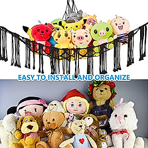 Stuffed Animal Net or Hammock, Porsuluola Macrame Toy Net Hammock for Stuffed Animals with Tassel Wall Corner Toy Storage Hammock Kids Hanging Mesh Toy Net Organizer Black