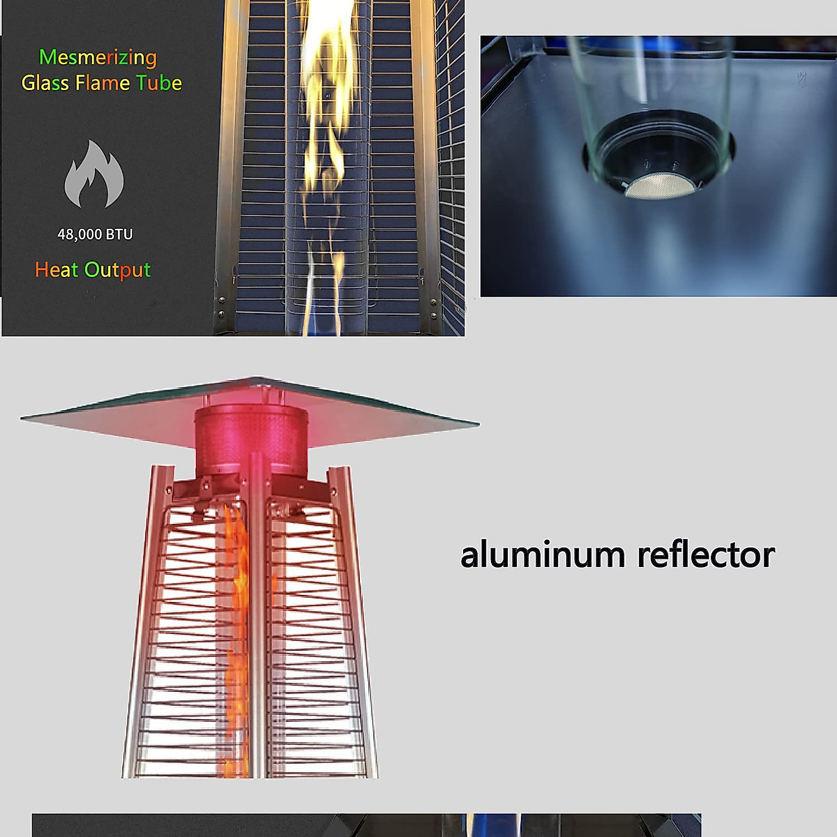 Patio Propane Heater Outdoor Patio Heater 48,000 BTU Pyramid Outdoor Heater Quartz Glass Tube Propane Heater Gas Patio Heaters for Outdoor Use with Wheels,Cover,Ground Nails,Detachable Table