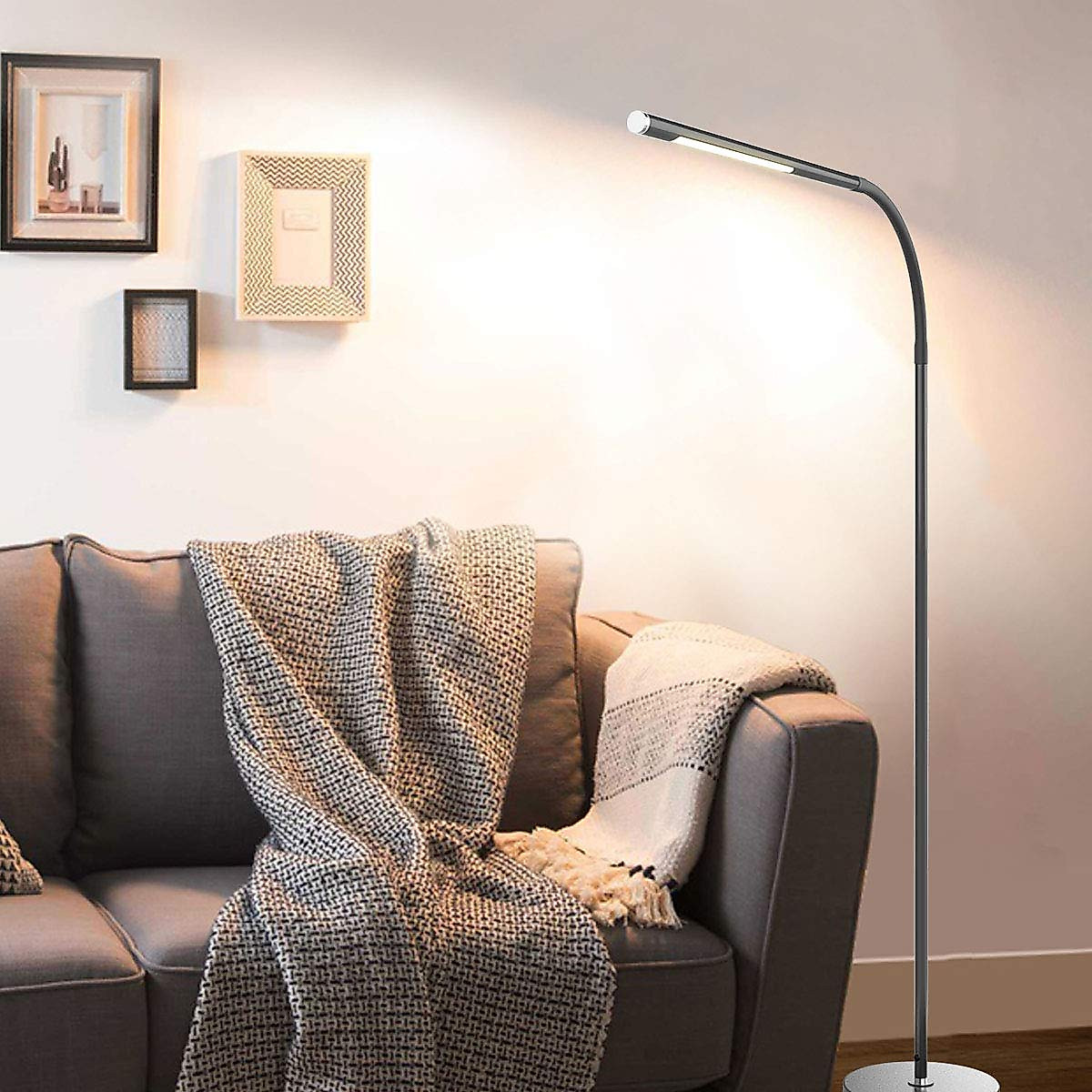 JOLY JOY LED Modern Floor Lamps, Flexible Gooseneck Standing Reading Light W/Stable Base, 4 Color & 5 Brightness Dimmer, Touch & Remote Control, for Living Room, Chair, Couch, Office Task (Black)
