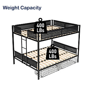 DNYN Queen Over Queen Bunk Bed with Storage Drawers & Wood Slat Support & Ladder & Safety Rails for Kids/Adults,Space Saving Design & No Box Spring Needed,Perfect for Dorm,Bedroom,Guest Room, Black