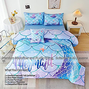 RYNGHIPY 6Pcs Mermaid Tail Comforter Set for Kids Girls, Mermaid Fish Scale Bed in a Bag Twin Size, Sparkle Teal Purple Rainbow Bedroom Decor Bedding Set