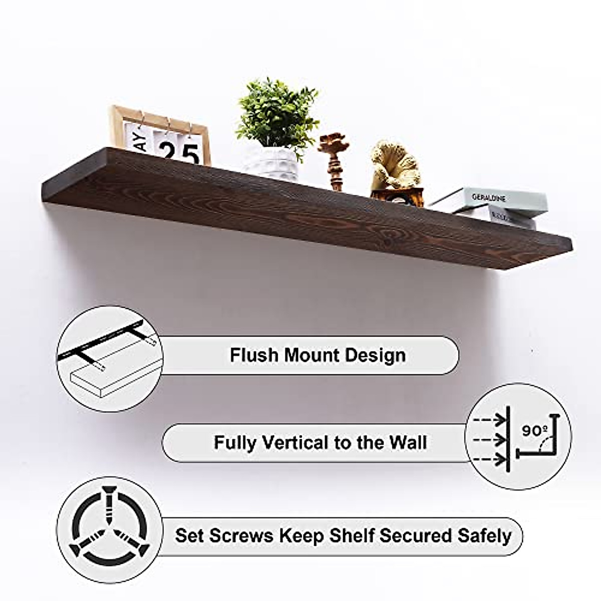 Axeman 48 Inch Floating Shelf, 8 Inch Deep Solid Pine Wood Shelves, Rustic Wall Mounted Shelves for Wall Decor & Storage, Dark Wood Shelves for Bathroom Kitchen Living Room - Dark Walnut