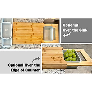 Cocina Vida Bamboo Cutting Board with 4 Collapsible Containers and Strainer - All-in-One Over the Sink or Counter Slide-out Bamboo Cutting Board - Kitchen Must Have