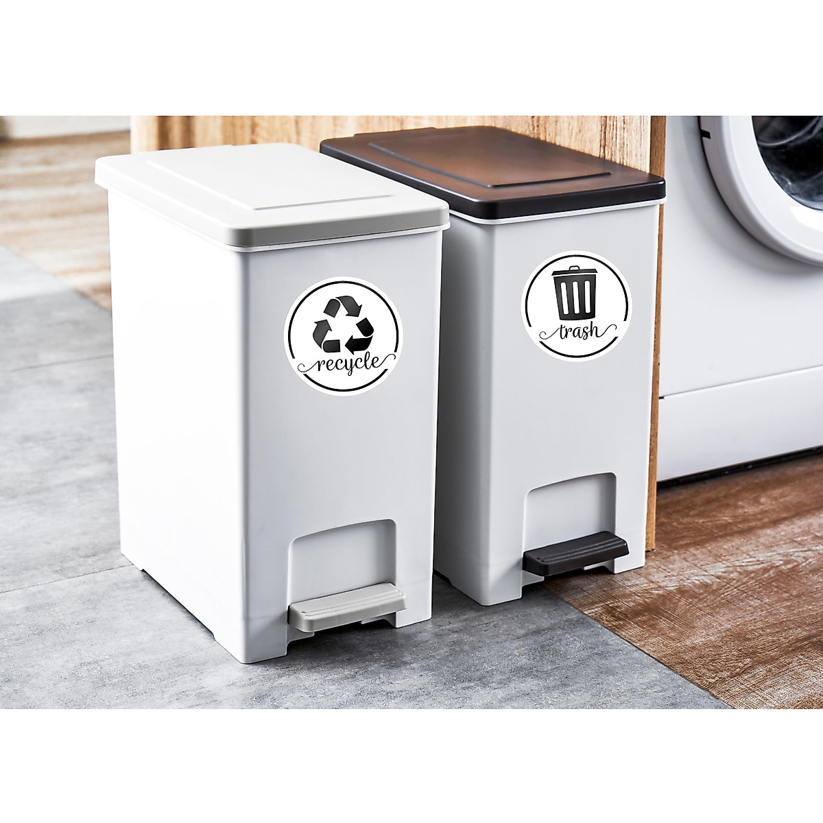Elegant Recycling Stickers for Trash Can, 3.5" Trash and Recycle Stickers, Laminated Recycle Stickers for Trash Bins, Recycle Sticker for Kitchen Trash Cans Recycling Bin Combo, Rustic White Decals
