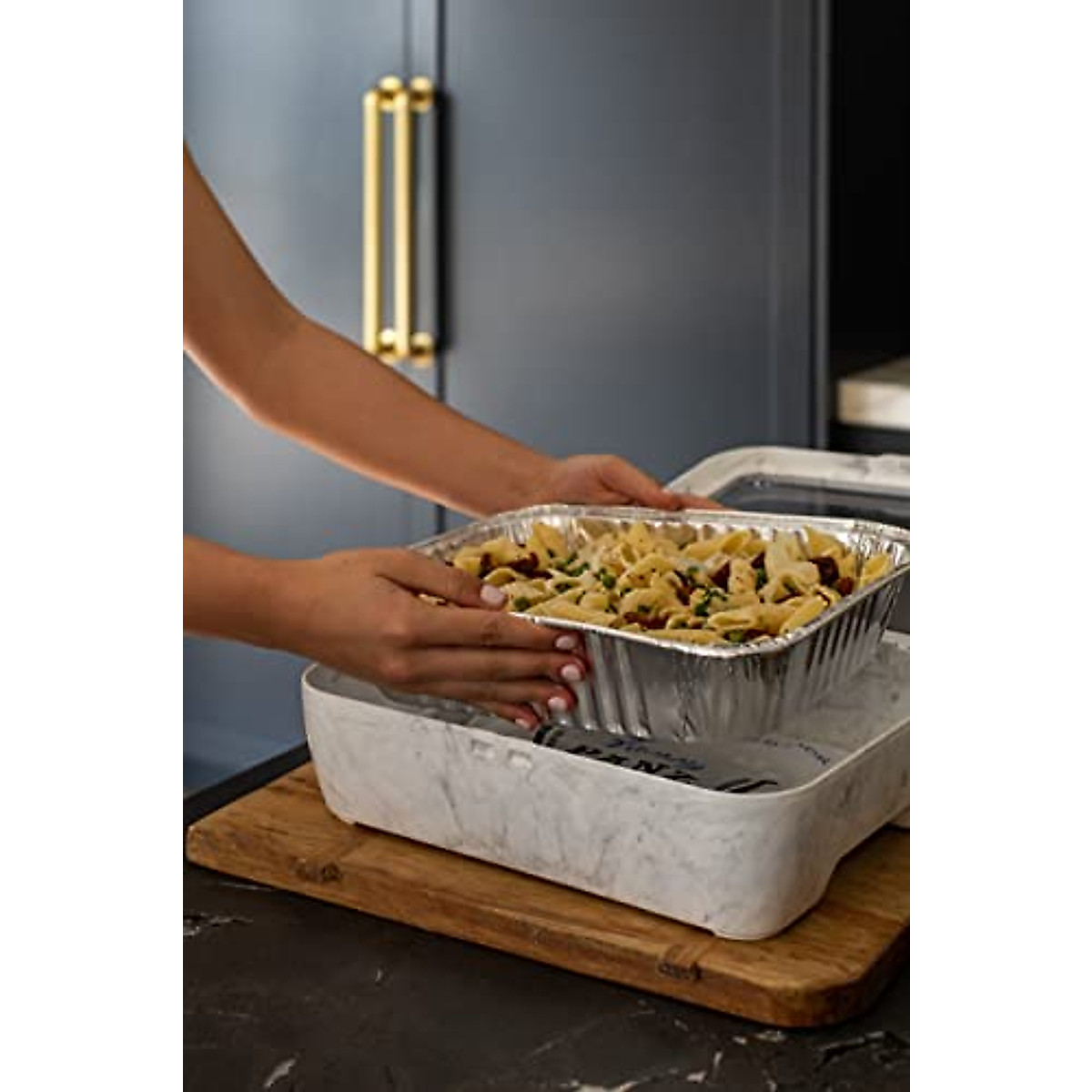 Fancy Panz Premium Dress Up & Protect Your Foil Pan, Made in USA. Hot/Cold Gel Pack, One Half Sized Foil Pan & Serving Spoon Included. Stackable for easy travel. (Marble)
