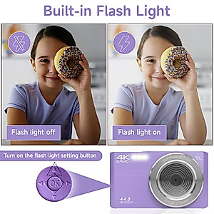 Digital Camera for Teens, FHD 4K 44MP Digital Camera Purple with 64GB SD Card 16X Digital Zoom, Cameras for Photography Compact Point and Shoot Camera for Teen Boys Girls Kids Camera Digital