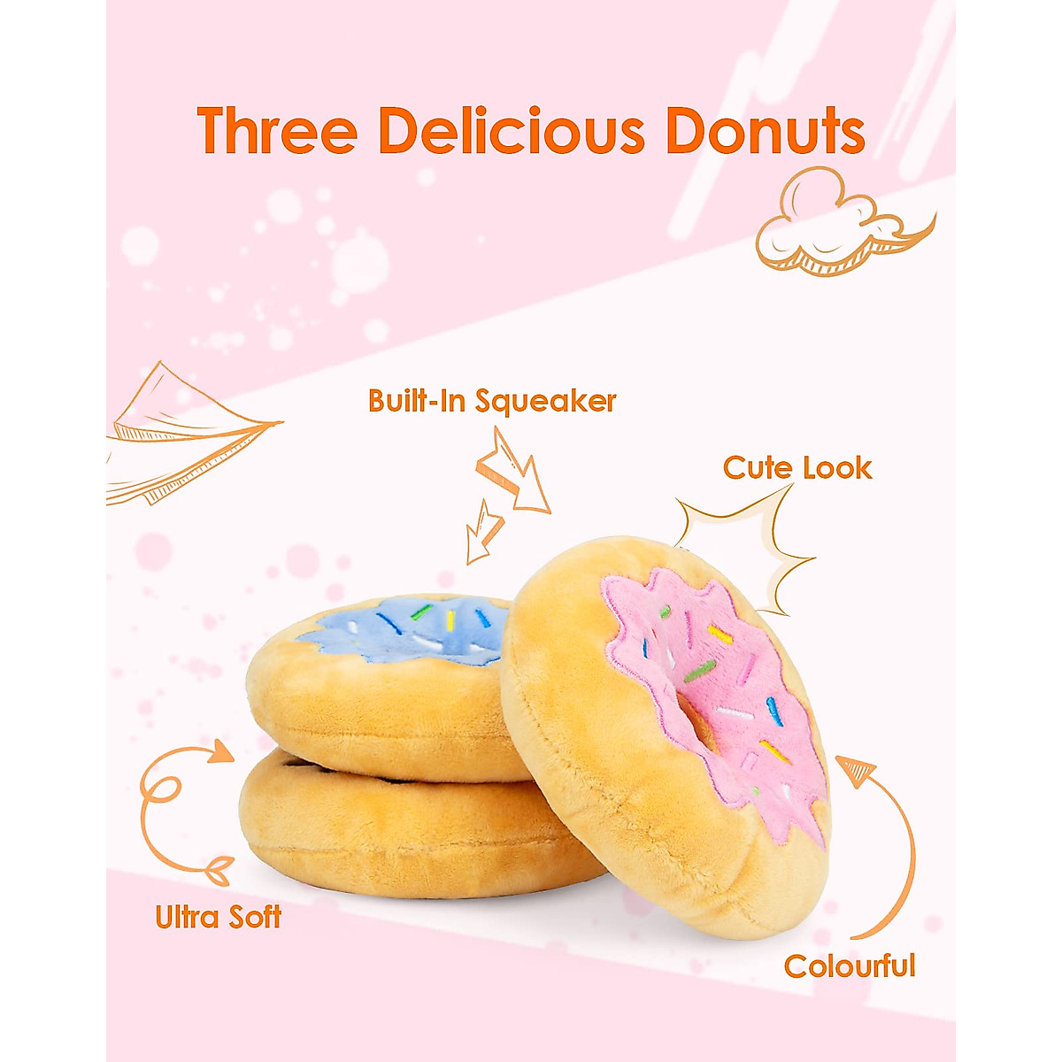 HGB Squeaky Dog Toys, Funny Donut Plush Dog Chew Toys for Teething, Pet Training, and Entertaining, Cute Interactive Dog Toy (3 Pack)