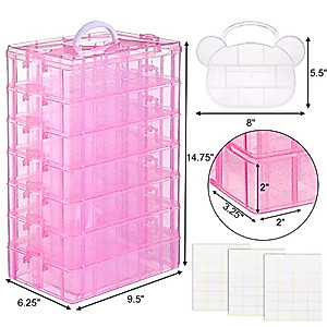 Quefe 7-Tier Pink Stackable Storage Container, 70 Adjustable Compartments Craft Organizers and Storage Box with Handle for Kids Toys, Art Crafts, Jewelry, Supplies, Fuse Beads, Washi Tapes