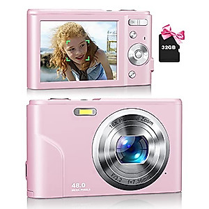 Digital Camera, Zostuic Autofocus 48MP Kids Camera with 32 GB Card Vlogging Camera with 16X Zoom, 1080P Compact Portable Mini Cameras for 4-15 Year Old Kid Children Teen Student Girls Boys(Pink)