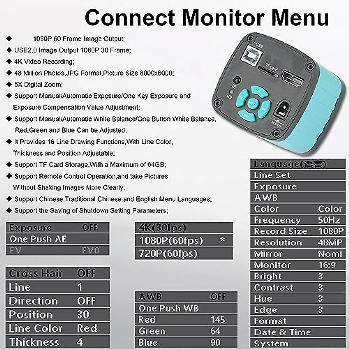 Video Microscope Camera, 1080P High Definition Multimedia Interface Industry Camera Easy Operation 400-700nm USB 2.0 100‑240VAC for Industrial Use (US Plug)