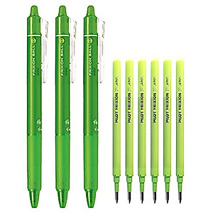Pilot FriXion Ball Knock Retractable Erasable Gel Ink Pens, Extra Fine Point 0.7mm, Light Green Ink, 3 Pens & 6 Refills Value Set