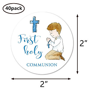 Blue First Holy Communion Stickers, 2 Inch Boy Religious Favor Stickers Labels 40-Pack