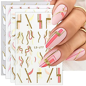 JMEOWIO 9 Sheets French Tip Nail Art Stickers Decals Self-Adhesive Pegatinas Uñas Colorful Glitter Wave Line Nail Supplies Nail Art Design Decoration Accessories