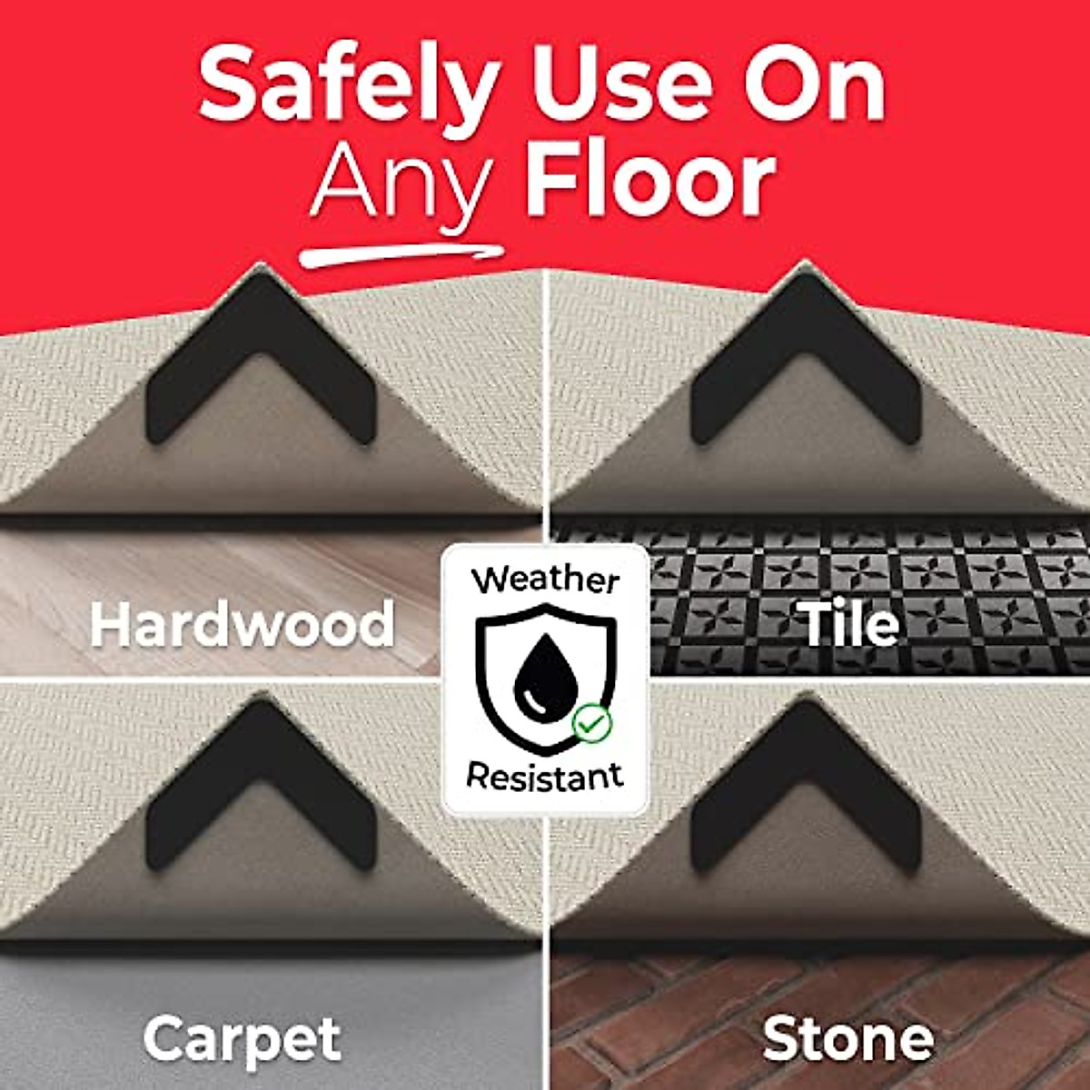 NeverCurl Best V Shape Design Rug Corner Gripper to Instantly Stops Rug Corner Curling - Safe for Wood Floors - For Indoor & Outdoor Rugs - Carpet Tape / Rug Tape - Not An Anti-Slip Pad - Rug Grip