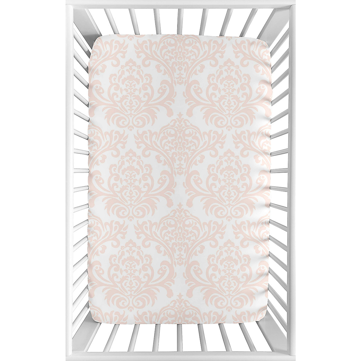 Sweet Jojo Designs Damask Baby Girl Fitted Portable Crib Sheet for Amelia Collection, for Mini Crib or Pack & Play Only, Blush Pink and White