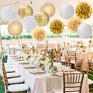 White Gold Party-Decorations Paper Flowers Lanterns - 15PCS Engagement Birthday Graduation Wedding Tissue Pom Poms Streamers,Neutral Bachelorette Baby Bridal Shower Hanging Supplies Decor Hugfond