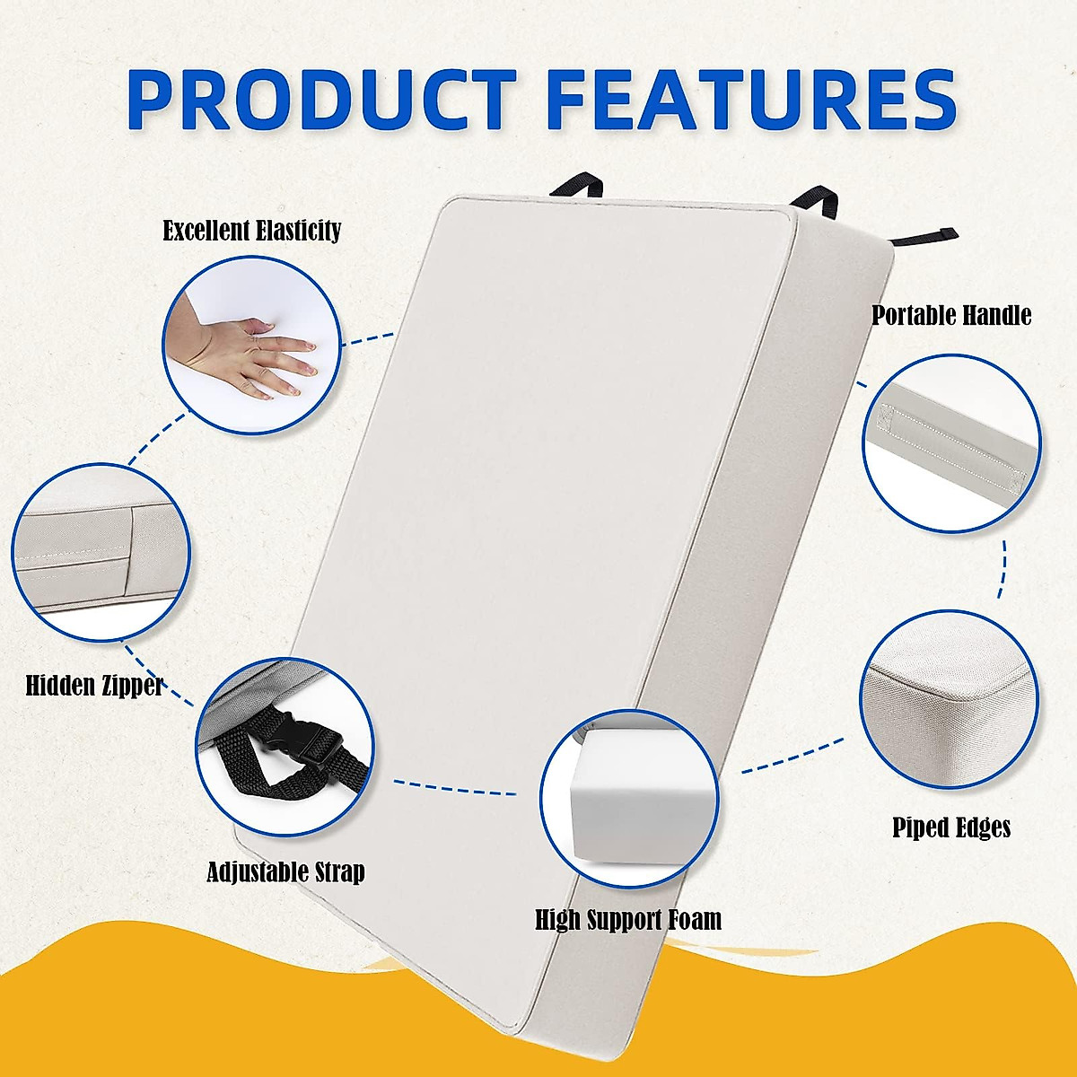 SECLATO Patio Chair Cushion 20"x20" Waterproof Outdoor Seat Cushions for Patio Furniture Garden Sofa Couch Chair Cushions with Handle and Adjustable Straps, 2 Pack, Light Grey