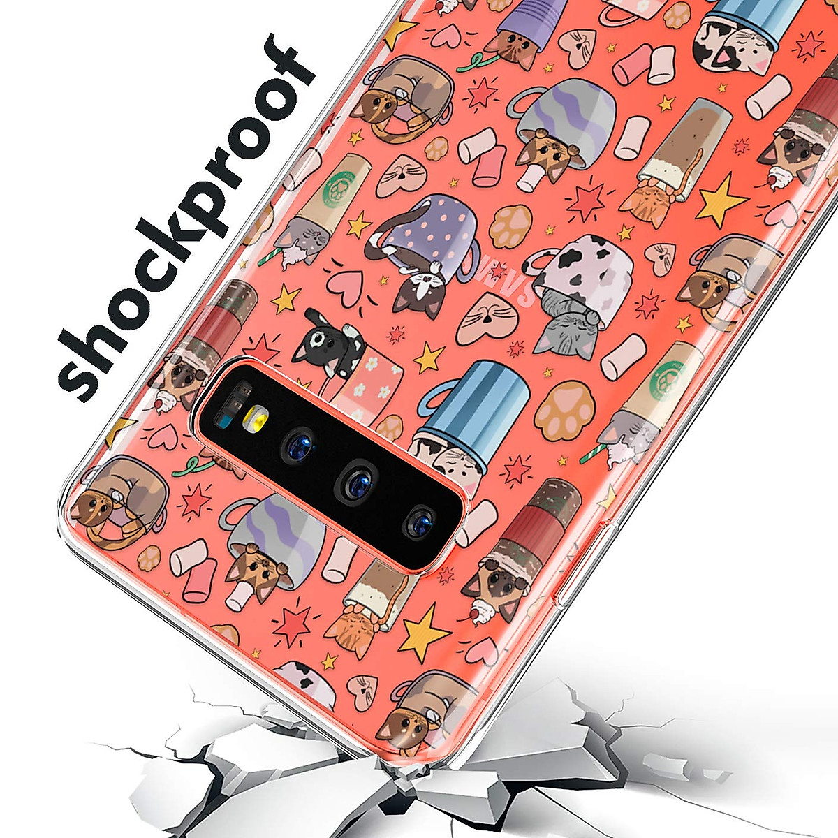 Generic Slim TPU Phone Case Compatible with Samsung Galaxy A72 A71 5G A70 A51 A32 A21 A11 A12 A01 Durable Kittens Cute Clear Soft Protective Shockproof Paws Kawaii Cover Cats Silicone Pet Coffee Cups