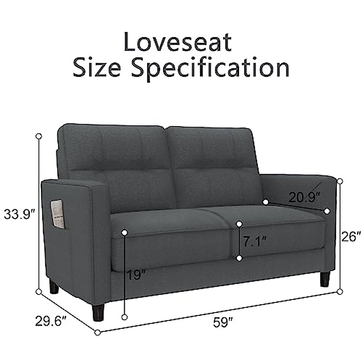 affetto 59" Loveseat Sofa for Small Spaces,Fabric Love Seats Furniture for Bedroom,Apartment,Studio,Dark Gray