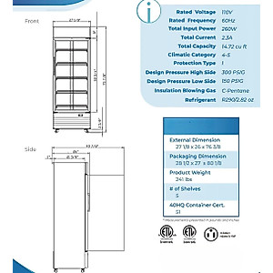 Elite Kitchen Supply Commercial Glass Door Merchandiser Refrigerator, ETL NSF Upright Display Fridge Cooler, Fan Cooling Stainless Steel, Black, 27" W 14.7 cu. ft. GDC-14