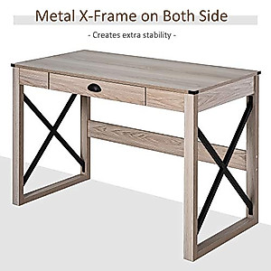 HOMCOM Home Office Computer Desk, Rustic Writing Desk, Farmhouse Workstation with Storage Drawer, X-Frame