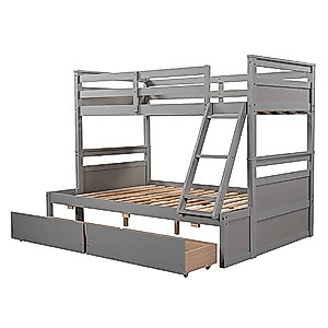 ATY Twin Over Full Bunk Bed with 2 Storage Drawers, Wooden Bedframe w/Ladder & Safety Guardrail, Can be Divided into 2Beds, Save Space, for Bedroom, Guestroom, Dorm,No Box Spring Needed, Gray