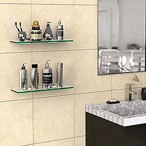 GeekDigg 2 Sets Glass Shelves for Bathroom, No Drilling Shower Caddy Glass Shelves for Wall Glass Bathroom Storage Organizer Shelf with Aluminum Bracket for Bathroom, Shower, Kitchen, Laundry