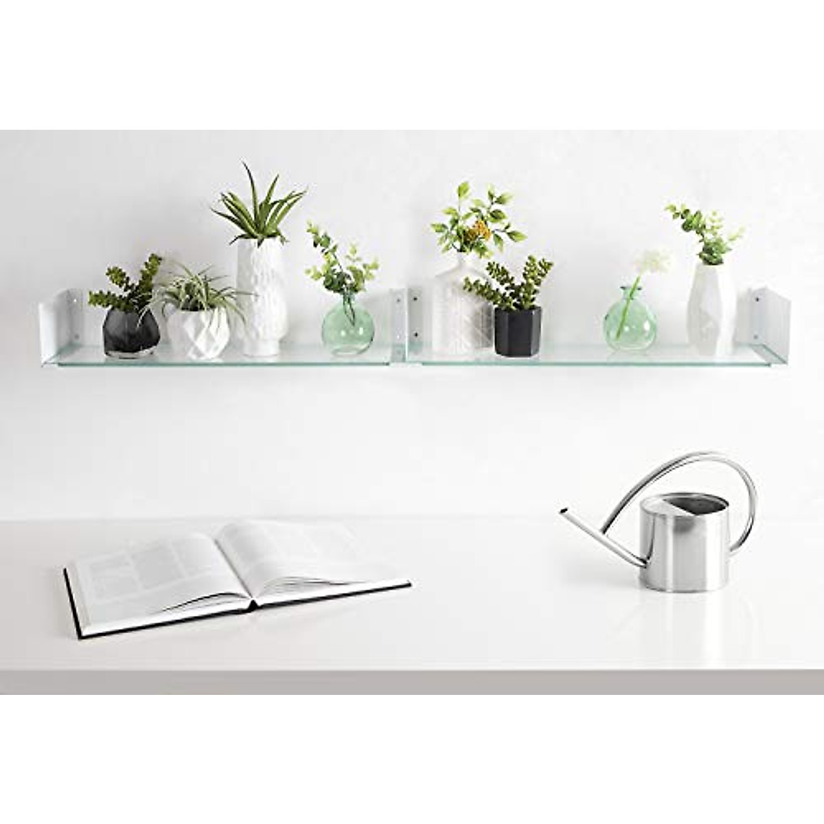 Kate and Laurel Rodi Modern Glass and Metal Shelf Set, Set of 2, White, Floating Book Shelves for Wall