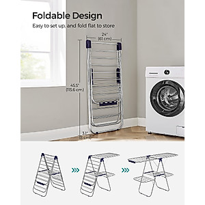 SONGMICS Clothes Drying Rack, Foldable 2-Level Laundry Drying Rack, Free-Standing Large Drying Rack, with Height-Adjustable Wings, 33 Drying Rails, Sock Clips, for Clothes, Sheets, Blue ULLR53BU
